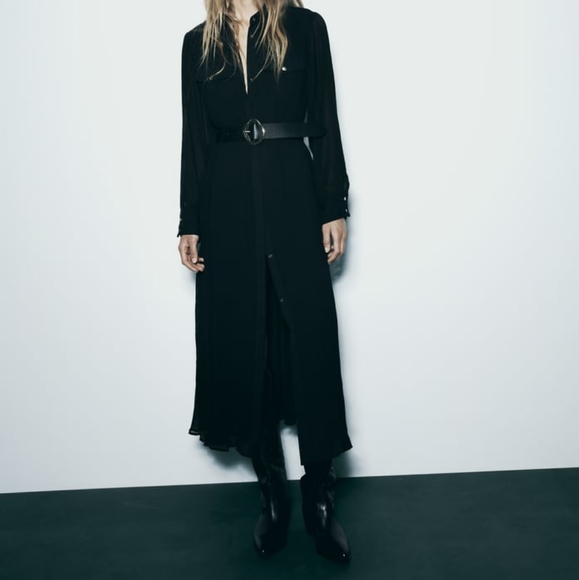 Zara | Dresses | Zara Black Belted Pleated Midi Dress | Poshmark